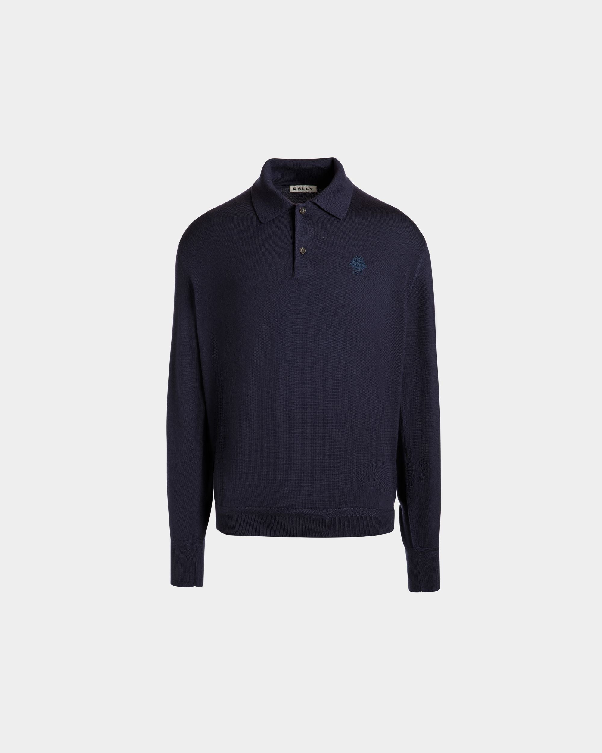 Men's Blue Long Sleeve Polo With Bally Crest Logo in Navy Blue Cashmere ...
