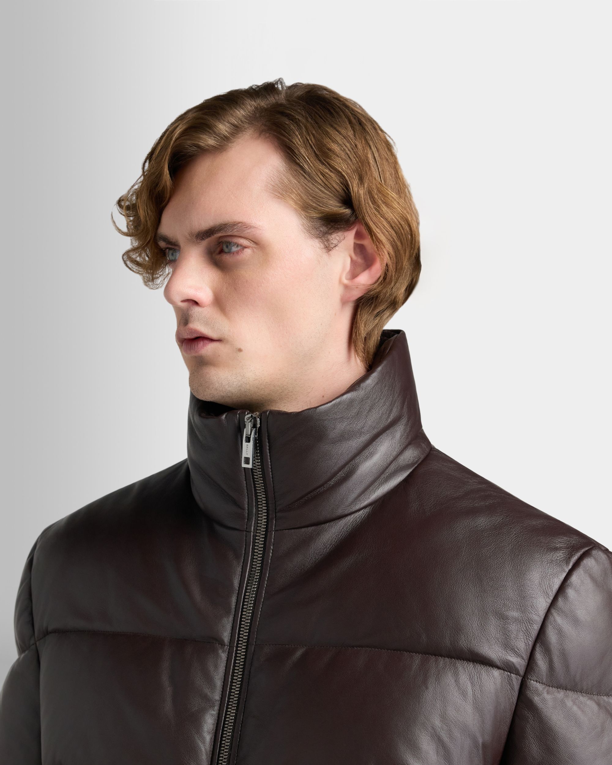 Men's Brown Puffer Jacket in Ebano Leather | Bally Global