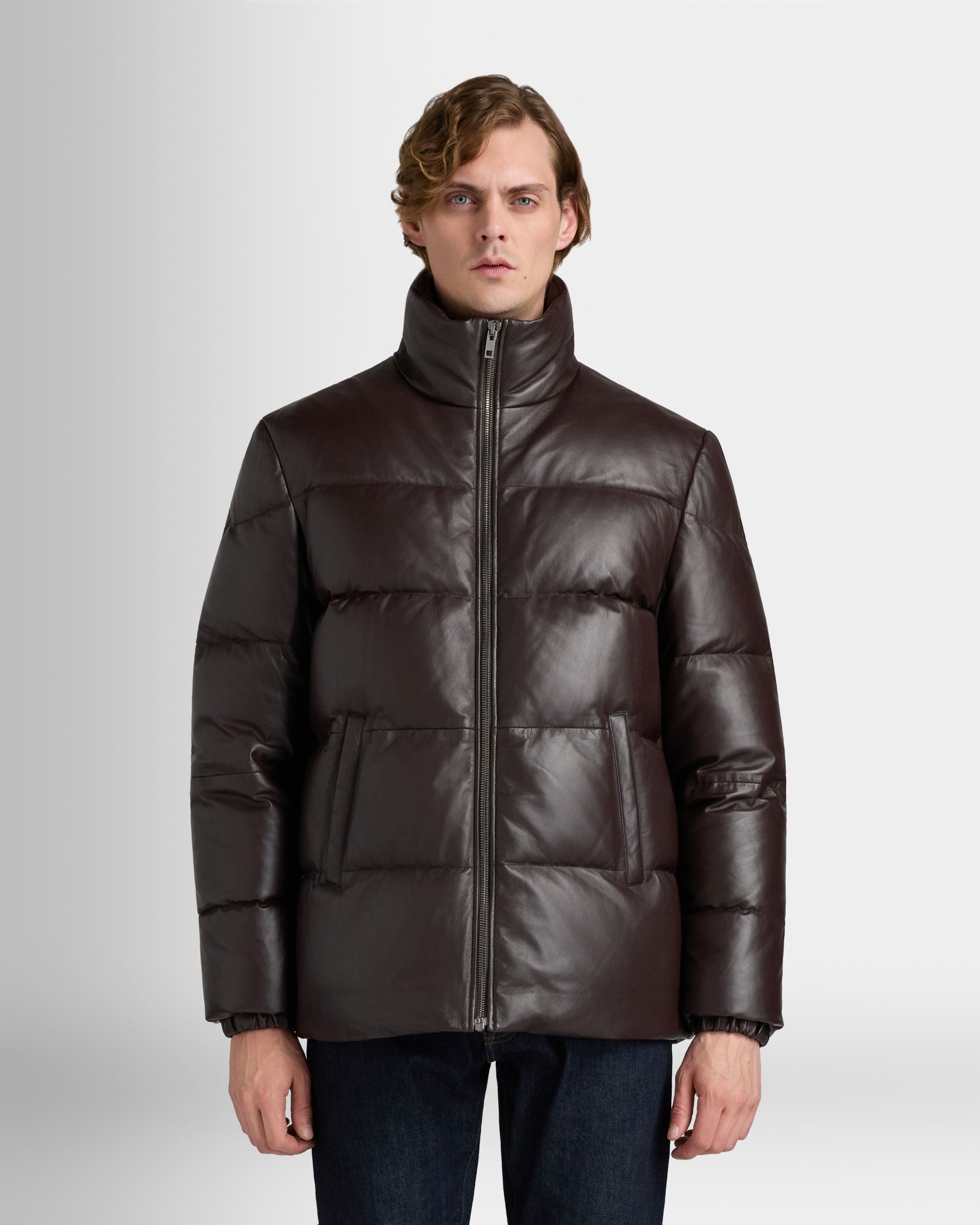 Men's Brown Puffer Jacket in Ebano Leather | Bally Global