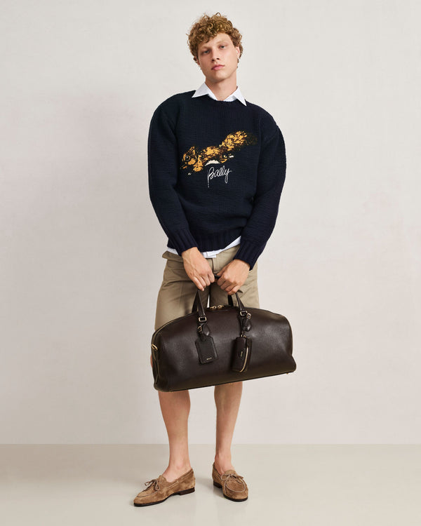Christmas Crewneck Sweater in Navy Blue Wool With a Bally Logo And ...