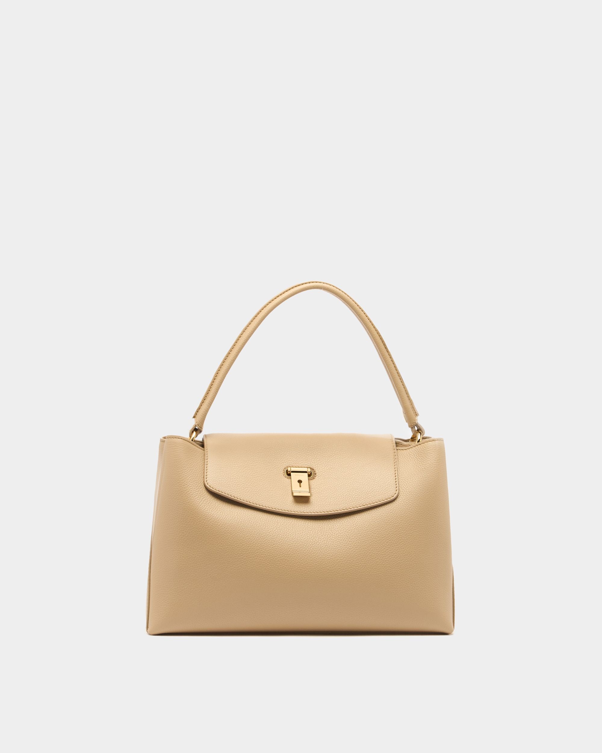 Women's Beige Lock Me Top Handle Bag in Light Beige Grained Leather ...