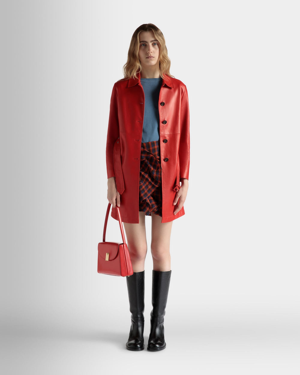 Women's Red Belted Midi Coat in Candy Red Leather | Bally Global