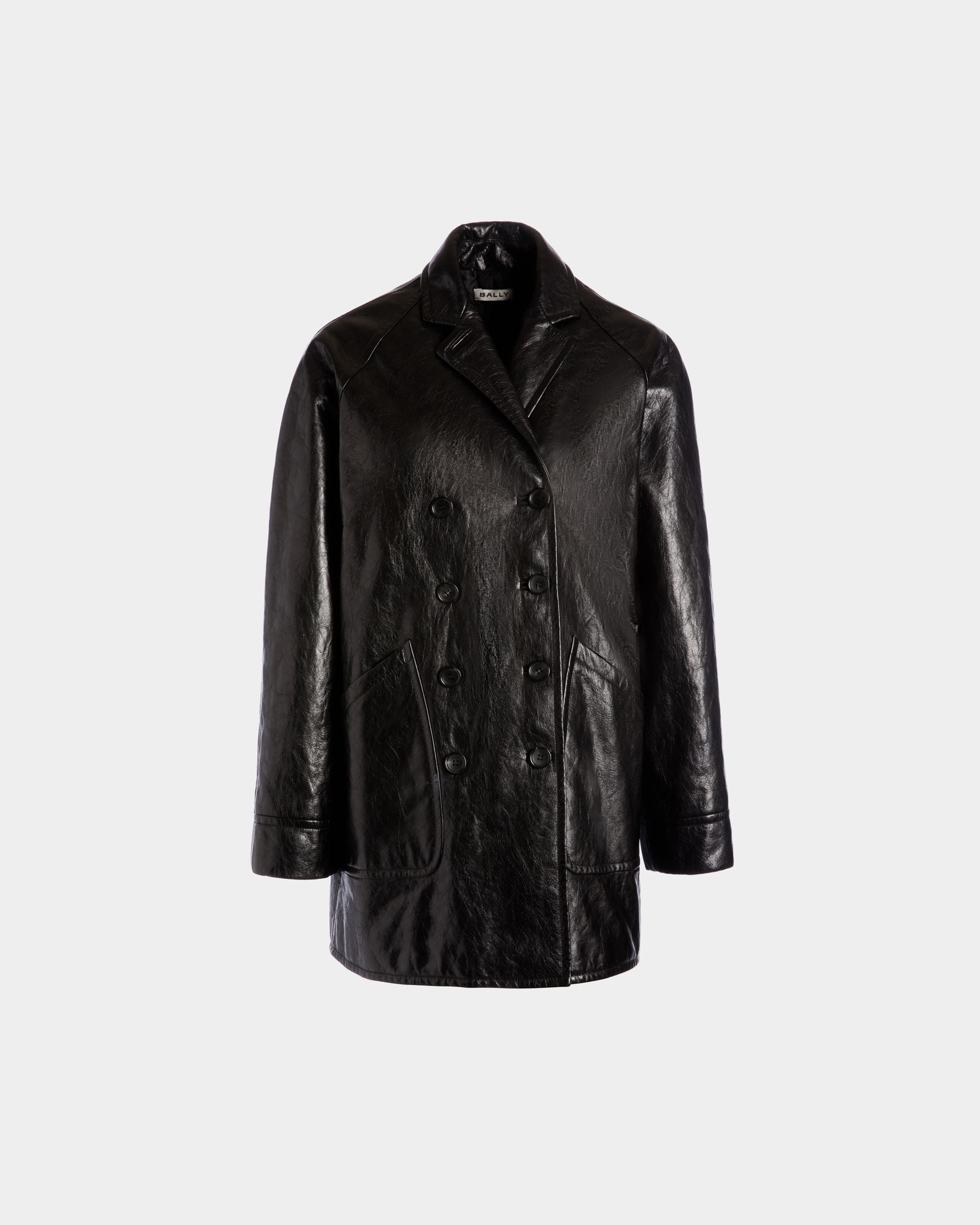 Women's Black Double-Breasted Midi Coat In Black Leather | Bally Global