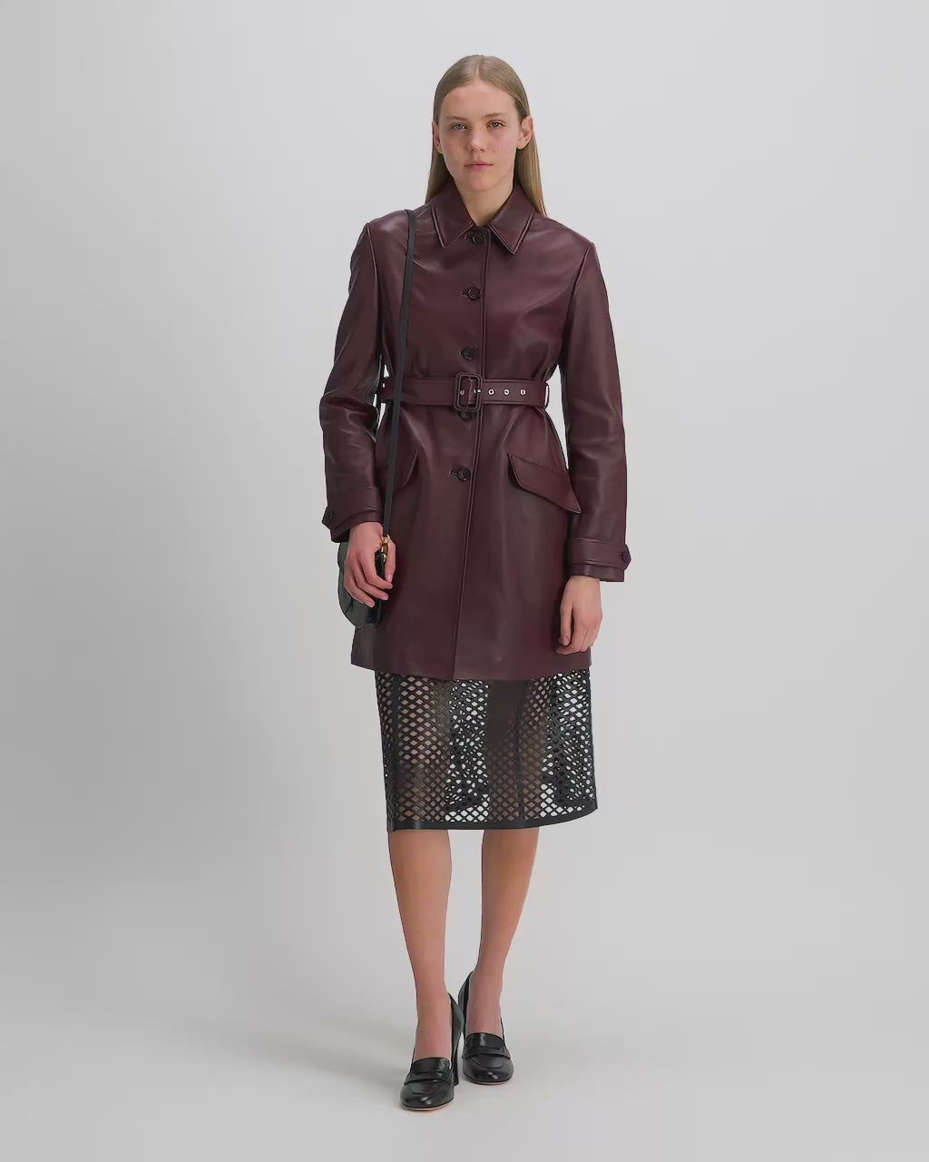 Women's Burgundy Belted Coat in Deep Burgundy Leather | Bally Global US